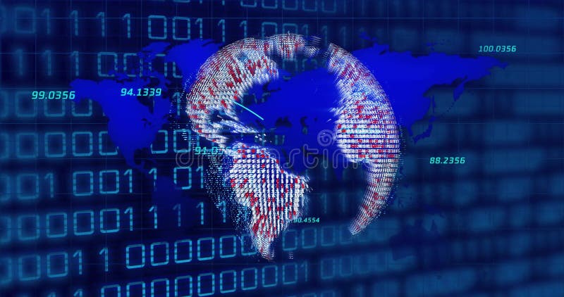 Image of Globe and World Map Over Data Processing and Binary Coding on Black Background Stock ...
