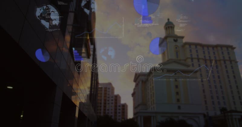 Image of Globes, Graphs, Computer Language Over Low Angle View of ...