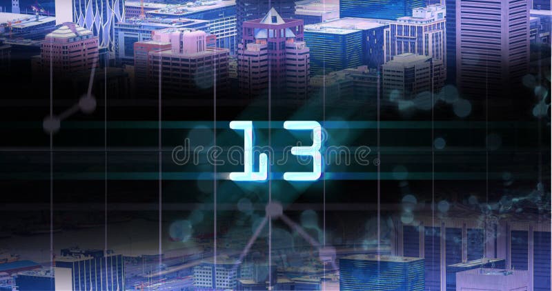 Image of Glowing Blue Digital Number Thirteen in Countdown Over ...