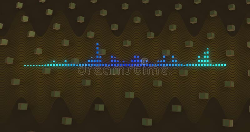 Image of Glowing Blue Pixel Audio Level Meter Over Rotating Cubes on ...
