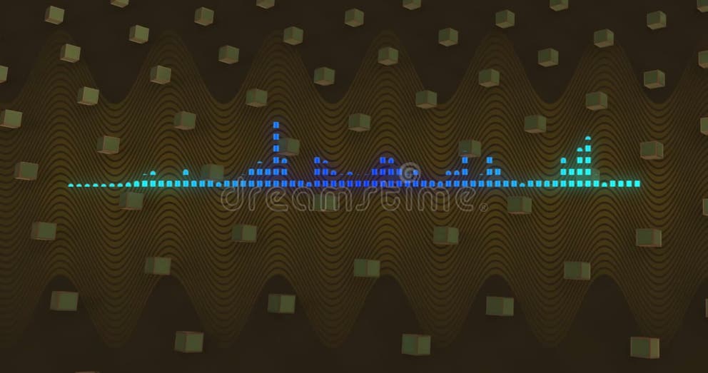 Image of Glowing Blue Pixel Audio Level Meter Over Rotating Cubes on ...