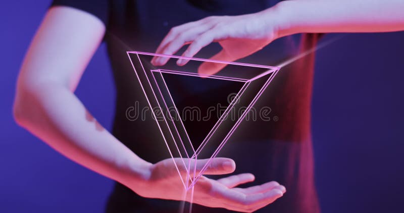 Image of Glowing 3d Shapes of Data Transfer Over Hands of Asian Man ...