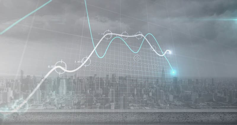 Image of Glowing Graph Processing Data Over Cityscape and Cloudy Grey Sky Stock Image - Image of ...