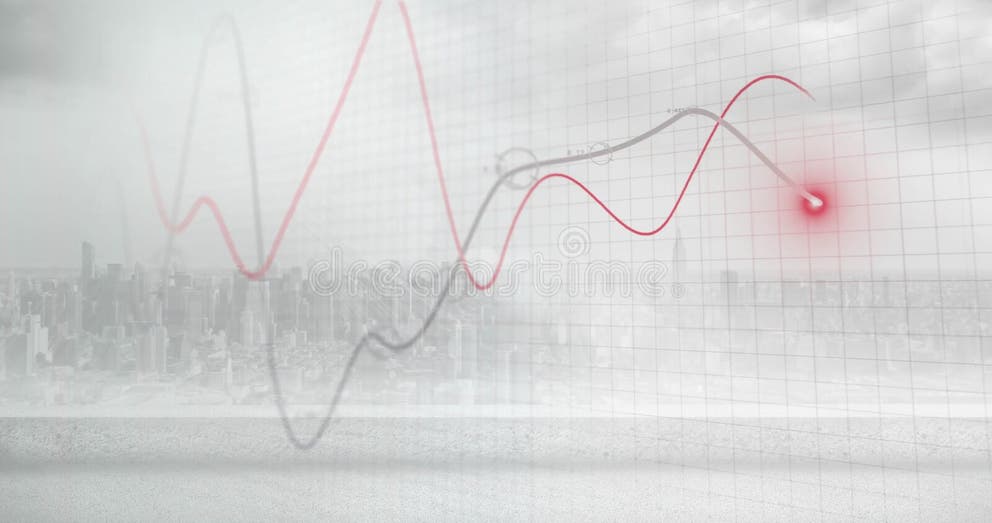 Image of Glowing Graph Processing Data Over Cityscape and Cloudy Grey ...