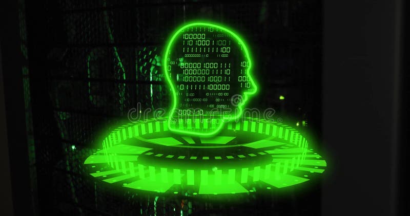 Image of Glowing Green Circular Scanner and Head with Binary Data ...