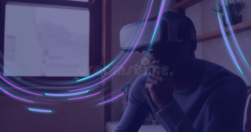 Image of Glowing Light Trails of Data Transfer Over African American ...