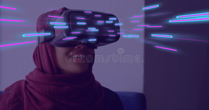 Image of Glowing Light Trails of Data Transfer Over Biracial Woman in ...