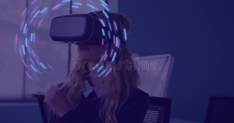 Image of Glowing Light Trails of Data Transfer Over Caucasian Woman in ...