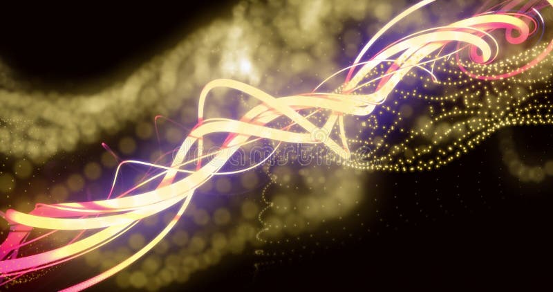 Image of Glowing Light Trails Moving Over Yellow Mesh on Black ...