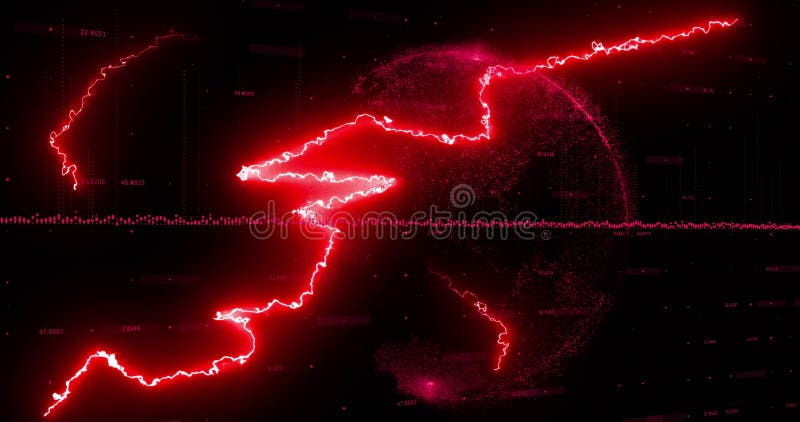 Image of Glowing Red Lightning Flashes Over Red Globe and Data ...