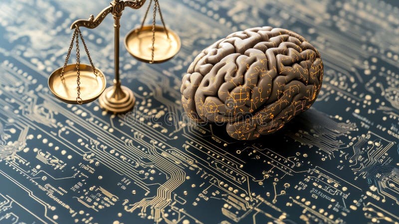 The Image of a Glowing Scale Balancing a Brain and Circuit Board ...