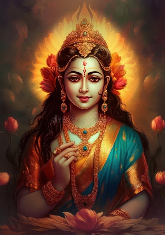 Hindu Laxmi Goddess Sitting on Lotus Generative AI Stock Illustration ...