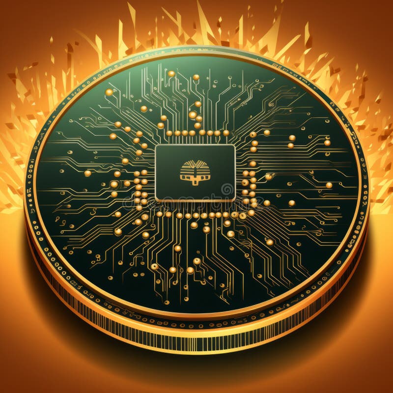 An Image of a Gold Coin with a Circuit Board on it Stock Illustration ...