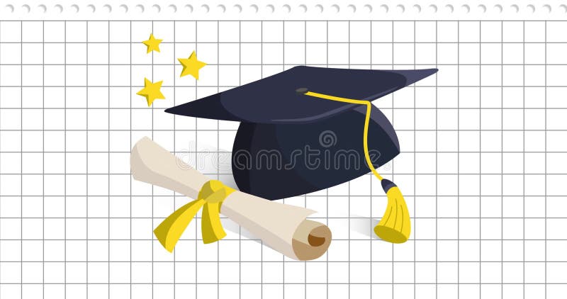 Image of Gold Stars, Mortarboard and Diploma Scroll Over Squared White ...