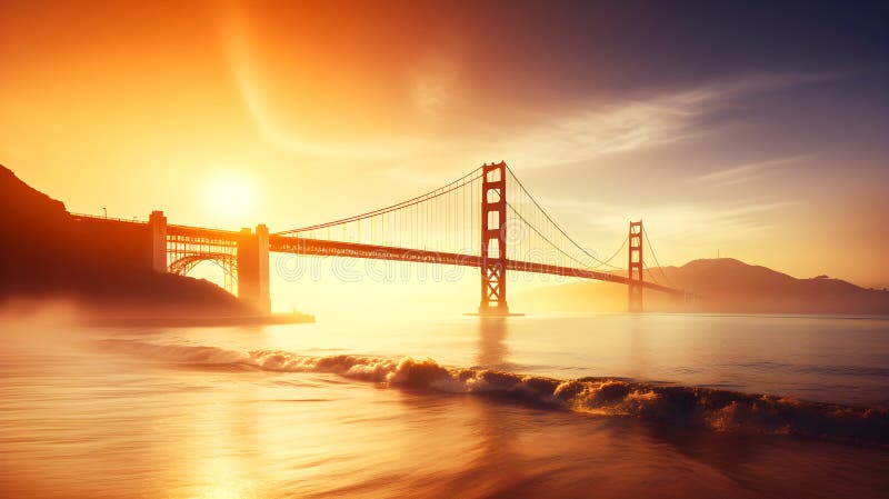 Image of Golden Gate Bridge at Sunset, Illustration Ai Generative Stock ...