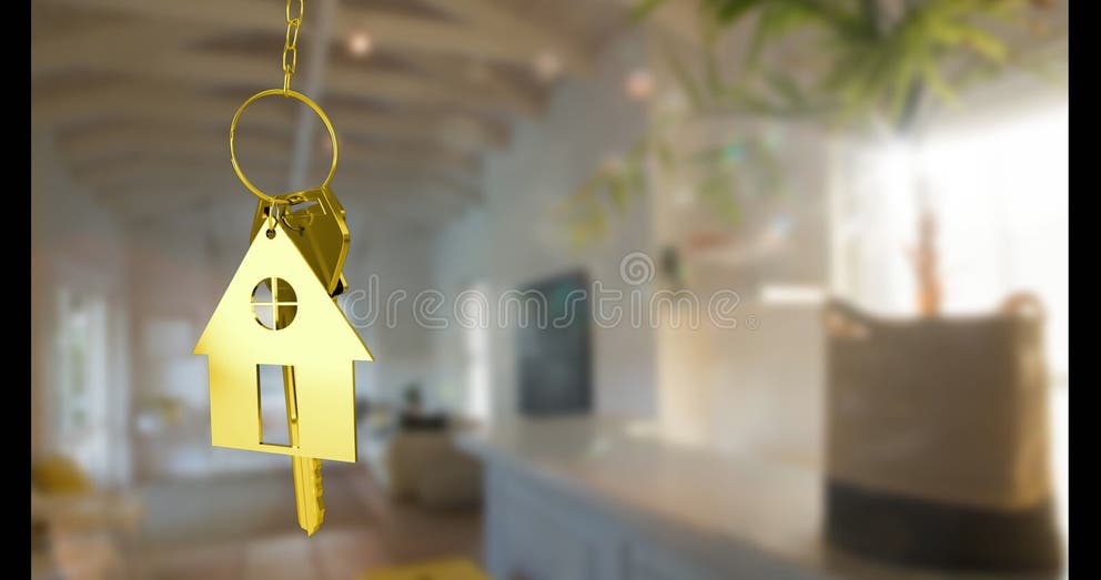 Image of Golden Key and House Over Empty House Interior Stock ...