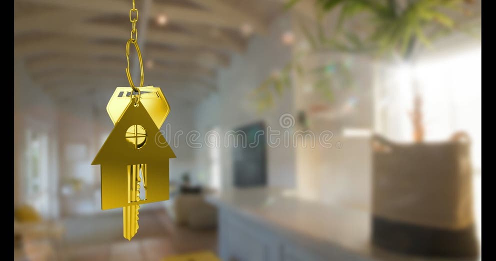 Image of Golden Key and House Over Empty House Interior Stock ...