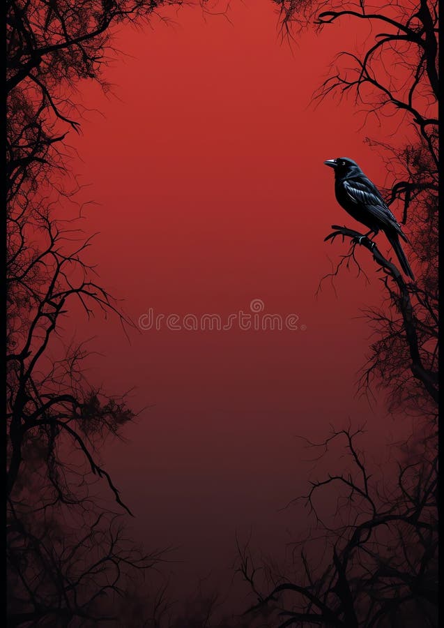 Gothic Raven Perched in a Dark Red Crimson Moonlit Forest Halloween ...