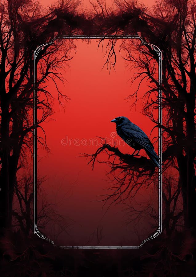 Gothic Raven Perched in a Dark Red Crimson Moonlit Forest Halloween ...