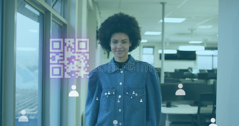 Image of Gr Code and Icons Over Biracial Woman Smiling in Office Stock ...