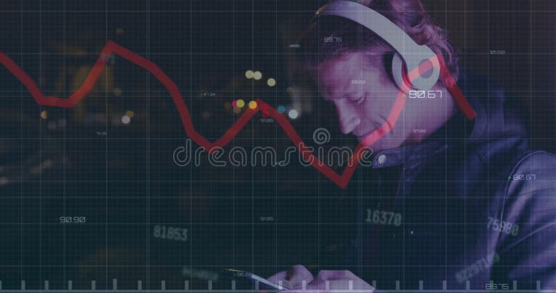 Image of Graph and Changing Numbers, Caucasian Man Using Cellphone and ...