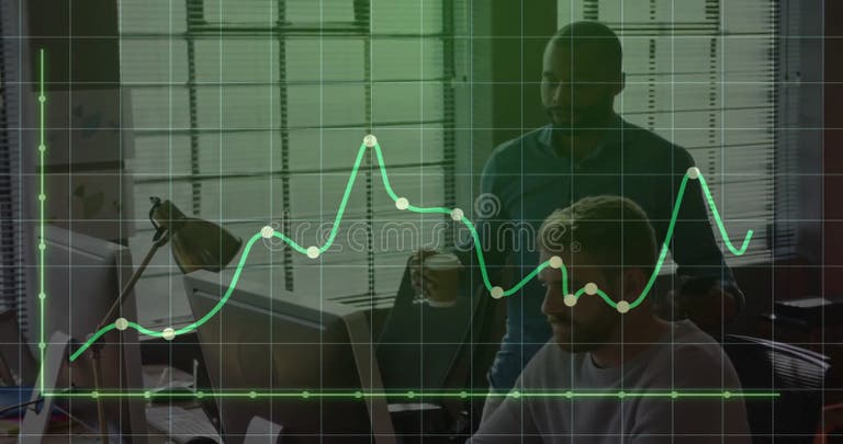 Image of Graph and Grid Pattern Over Diverse Coworkers Discussing on ...
