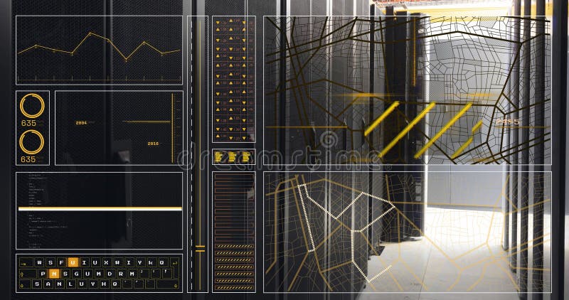 Image of Graph, Loading Circles and Bars, Lines, Navigation Pattern Over Server Room Stock Photo ...