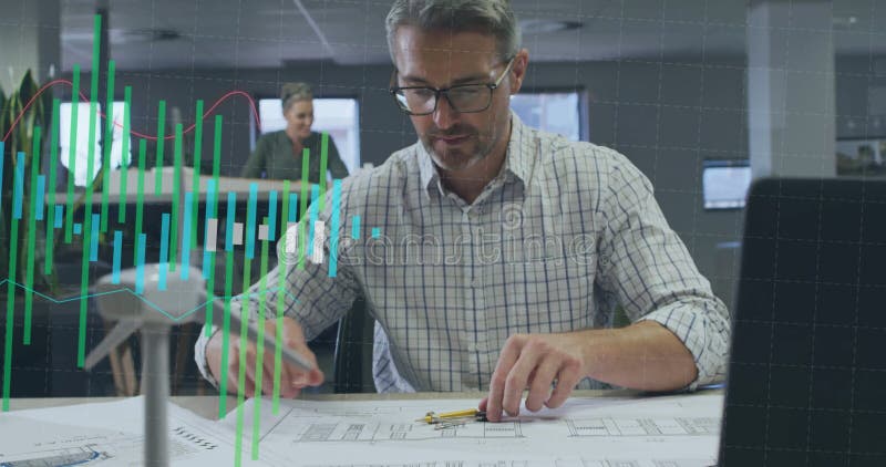 Image of Graph Processing Data Over Caucasian Male Architect Working on ...