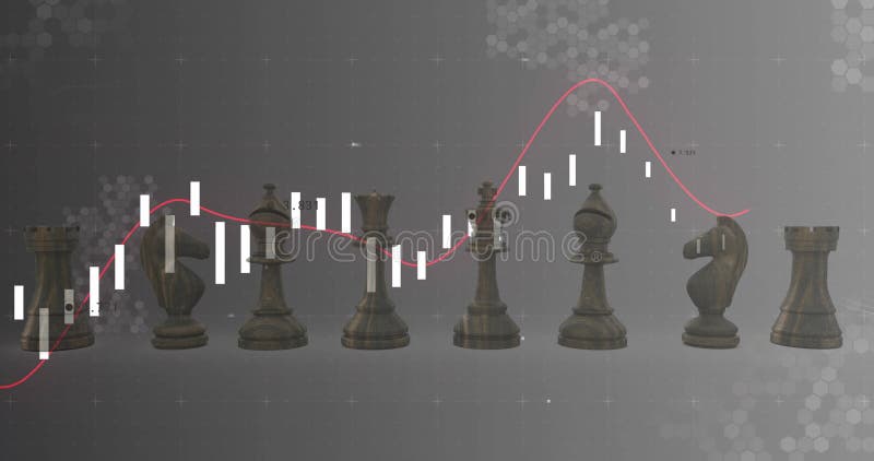 Image of Graph Processing Data Over Chess Pieces on Grey Background ...