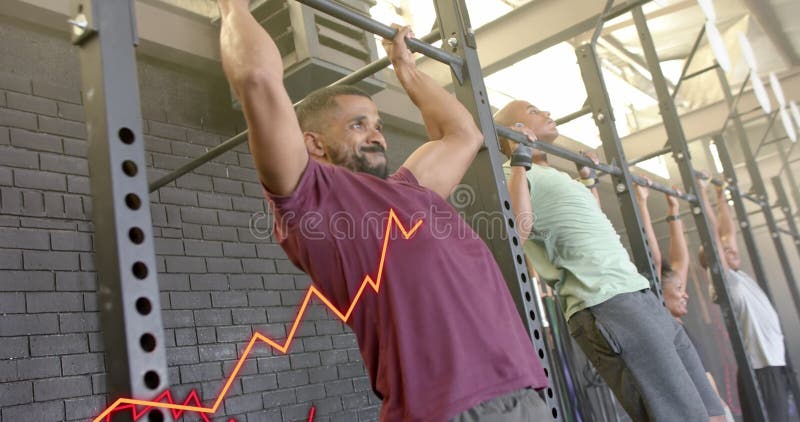 Image of Graph Processing Data Over Diverse Group Doing Pull Ups Cross ...