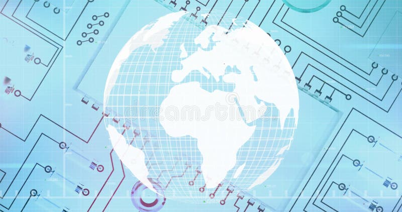 Image of a Graph Rolling with a Globe Spinning Over a Microprocessor ...