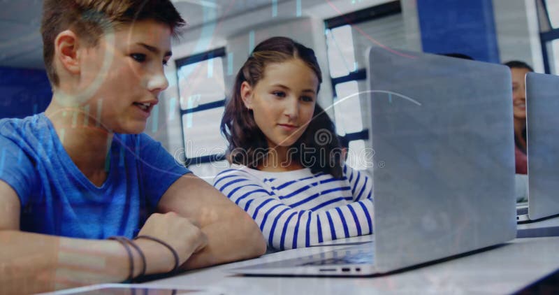 Image of Graphs, Bar, Circles Over Diverse Students Watching Project ...