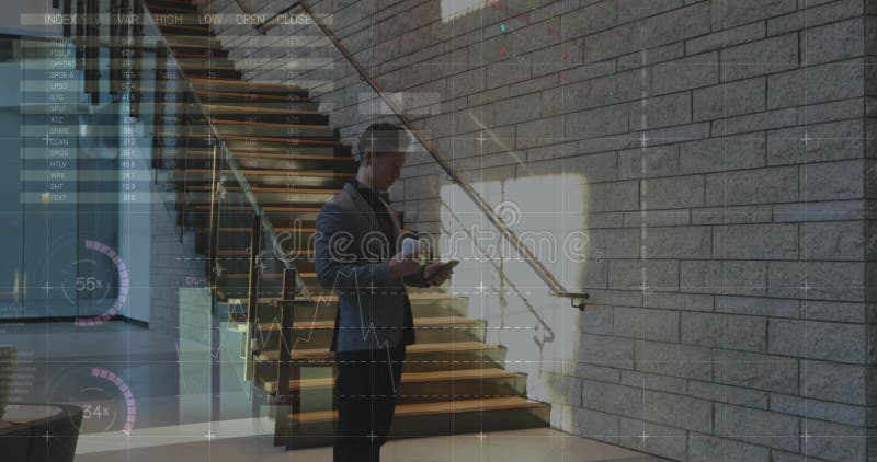 Image of Graphs and Charts Over Caucasian Businessman Using Smartphone ...