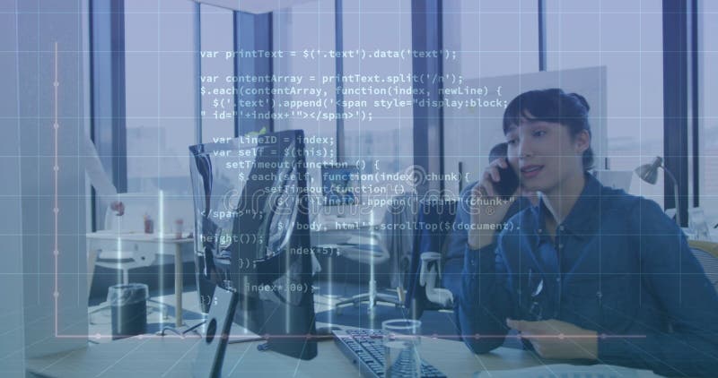 Image of Graphs and Computer Language Over Asian Woman Talking on ...