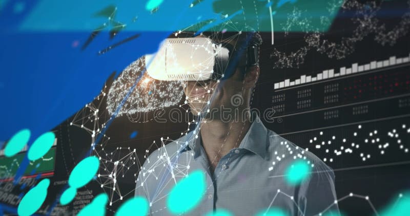 Image of Graphs, Connections and Data Over Caucasian Man in Vr Headset ...