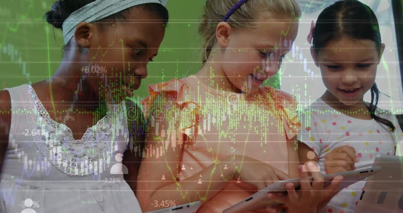 Image of Graphs and Financial Data Over Diverse Girls Using Tablet in ...