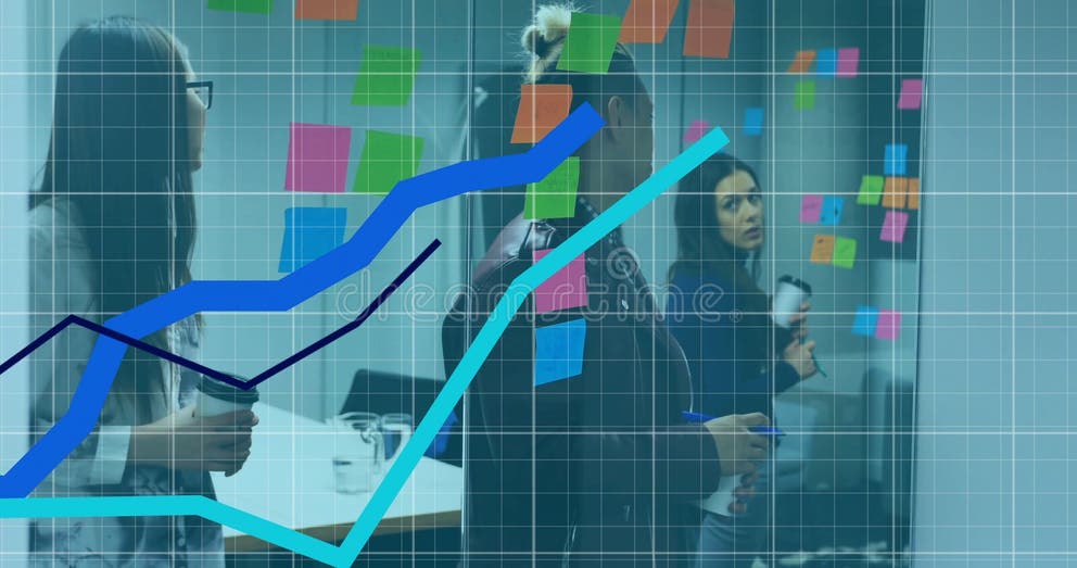Image of Graphs and Grid Pattern Over Diverse Coworkers Discussing ...