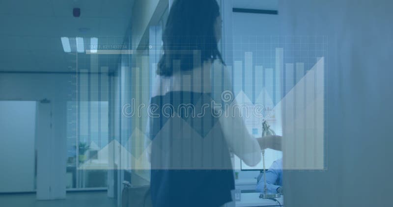 Image of Graphs and Loading Bar Over Biracial Woman Walking in Office ...