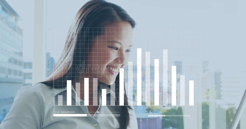 Image of Graphs and Loading Bars, Asian Woman Standing and Using Laptop ...