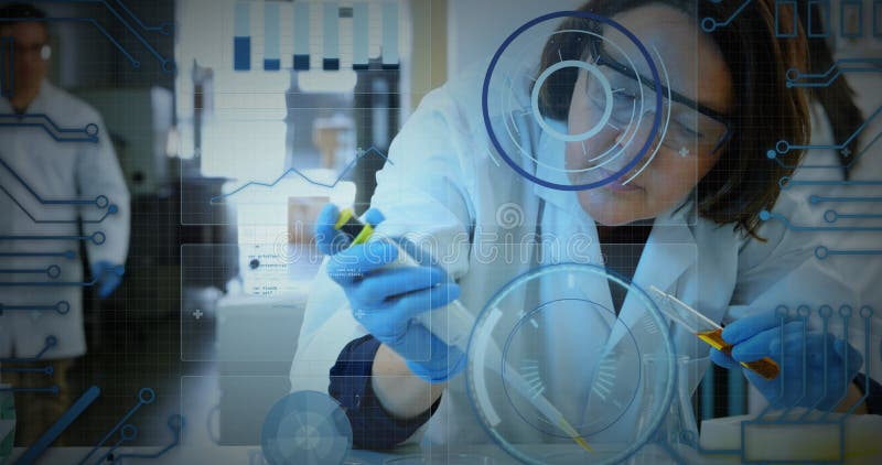 Image of Graphs, Loading Circles, Caucasian Female Scientist Taking ...