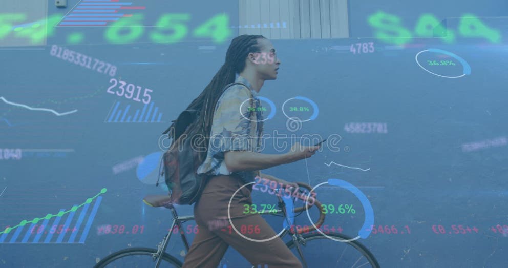 Image of Graphs, Numbers, Trading Board, Biracial Man Walking with ...
