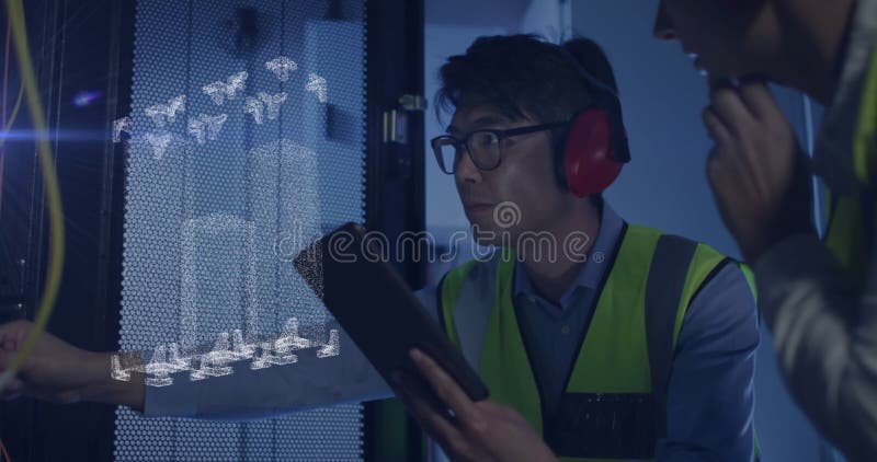 Image of Graphs Over Diverse Woman and Man Working in Server Room Stock ...