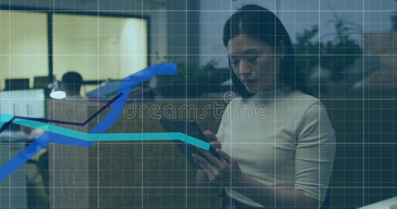 Image of Graphs Over Grid Pattern Against Asian Businesswoman Using ...