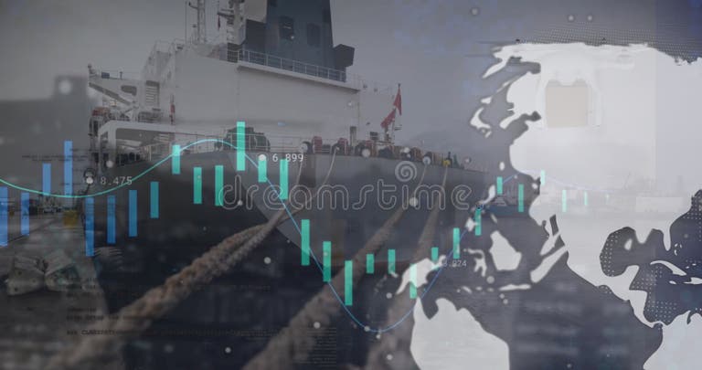 Image of Graphs and Processing Data Over Globes and Ship in Harbour ...