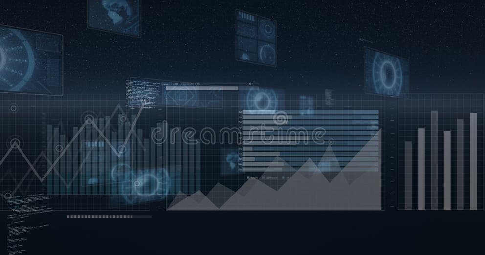 Image of Graphs, World Map and Data Processing on Dark Interface Screens Stock Image - Image of ...
