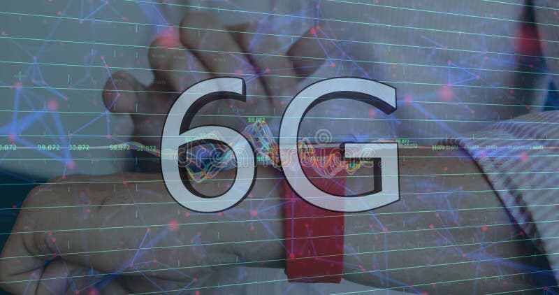 Image of Graphsand 6g Over Hands of Caucasian Businessman Using ...