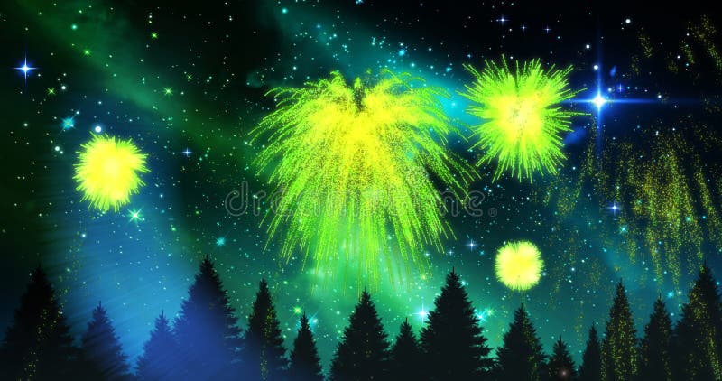 Image of Green Christmas and New Year Fireworks Exploding Over Trees in ...