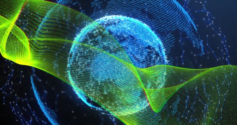 Image of Green Digital Wave and Network of Connections Over Spinning ...