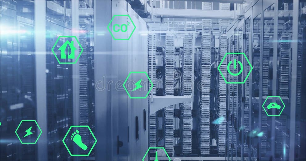 Image of Green Ecology and Energy Icons Over Flashing Lights on ...