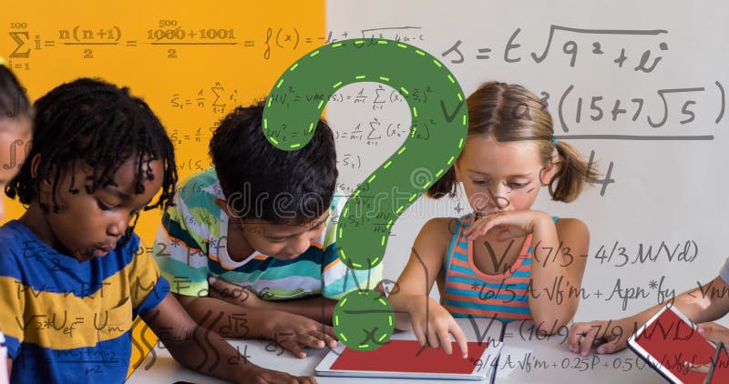 Image of Green Question Mark and Maths Equations Over Diverse Primary ...